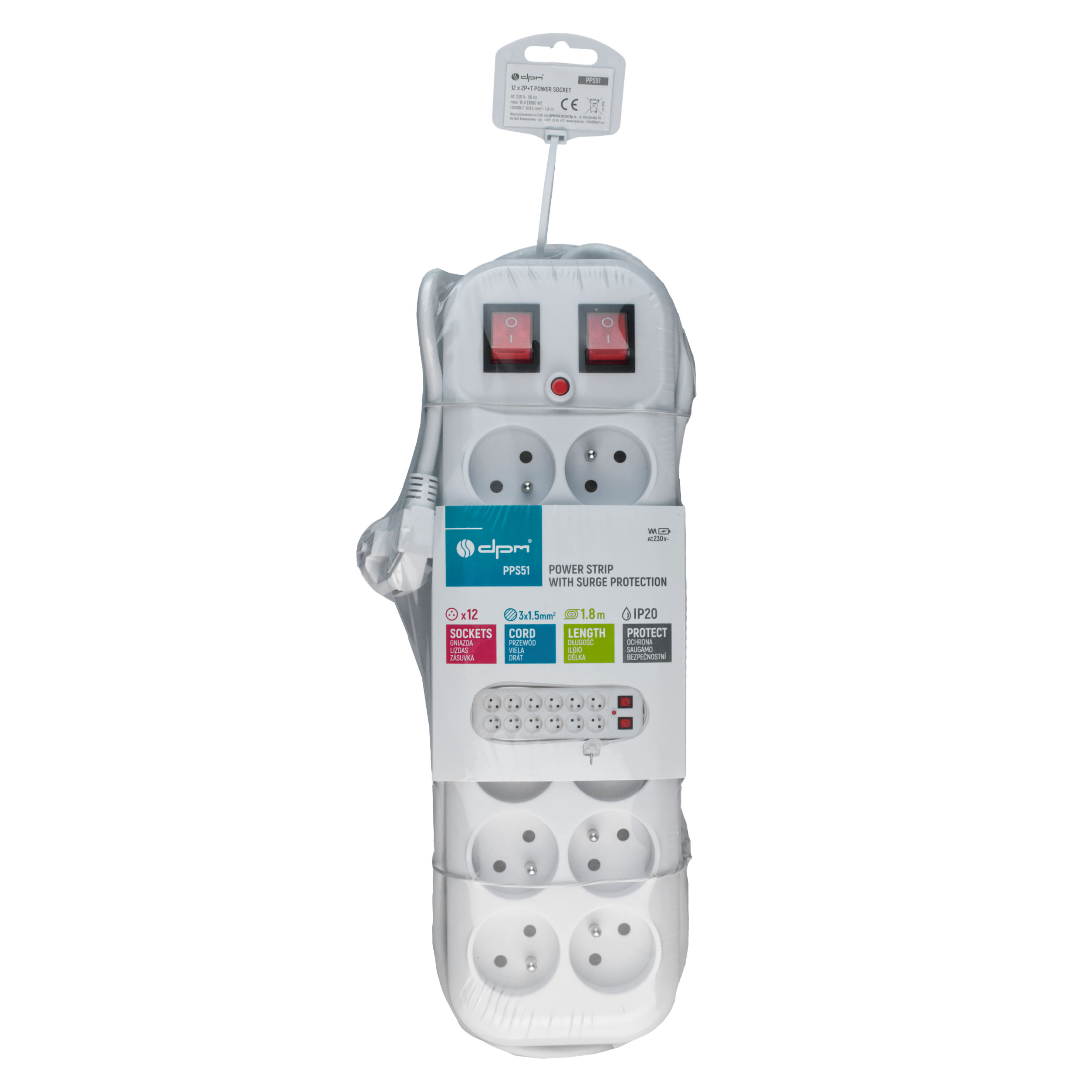 Przedłużacz dwurzędowy 12 gniazd 2 włączniki biały 1,8m - Bricomarche.pl